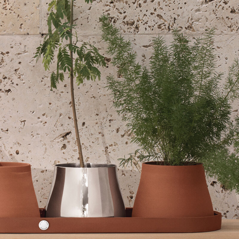 TERRA tray with 3 pots and saucers in terracotta and stainless steel